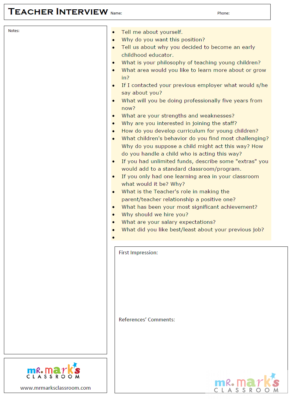 Teacher Interview Form – Mr. Mark's Classroom